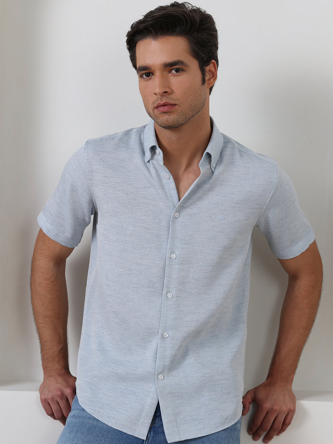 Buy Blue Regular Fit Textured Casual Polyester Shirt for Men (COBAN)